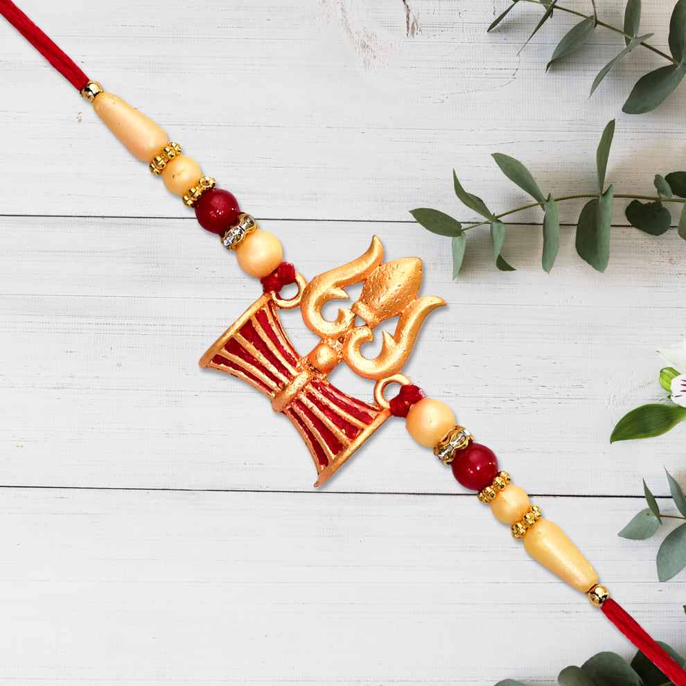 Premium Shiva Trishul Rakhi with Red & Golden Beads