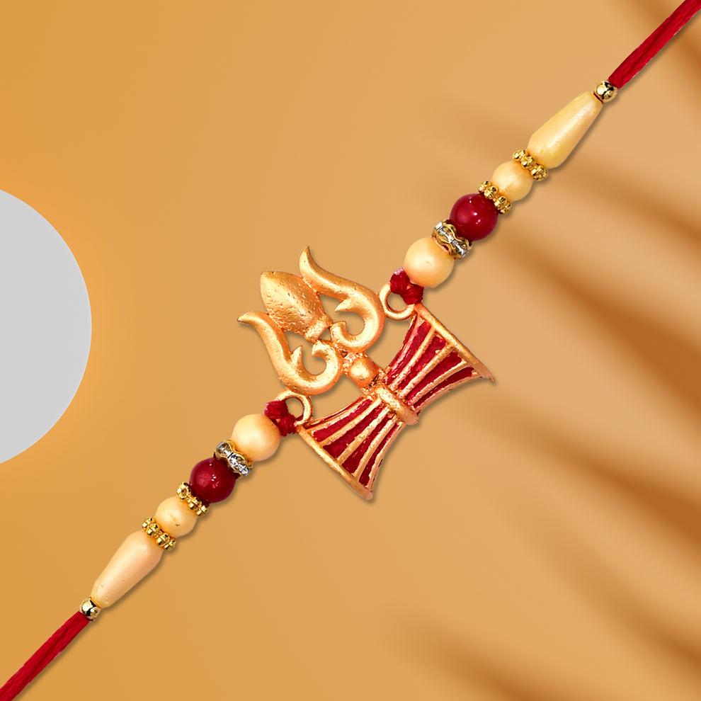 Premium Shiva Trishul Rakhi with Red & Golden Beads