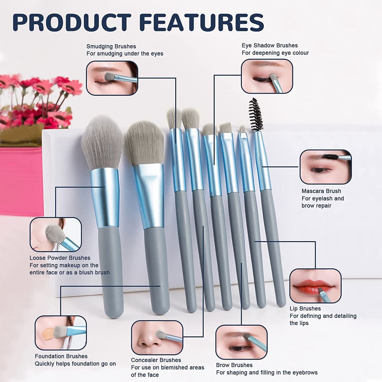 8 PCS Mini Makeup Brush Set with Case, Portable Foundation Brush Kit T ...
