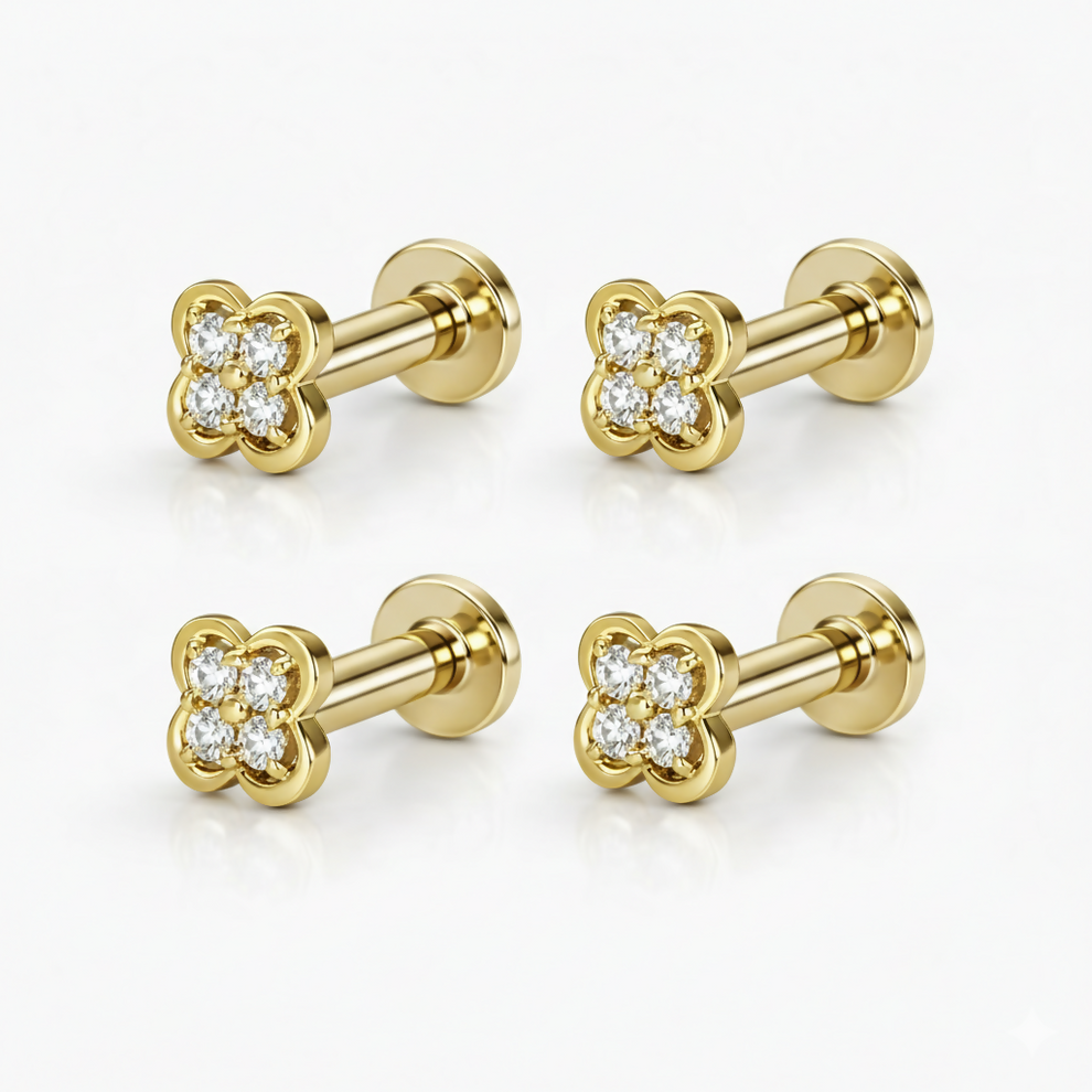 Gold plated AD Clover Flat Back Nosepin Stud Combo Pack of 4
