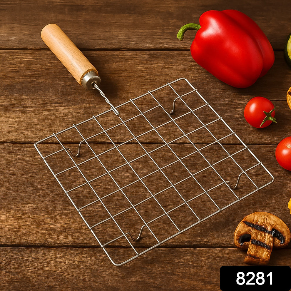 Stainless Steel Square Papad jali, Barbecue Grill Rack with Wooden Han