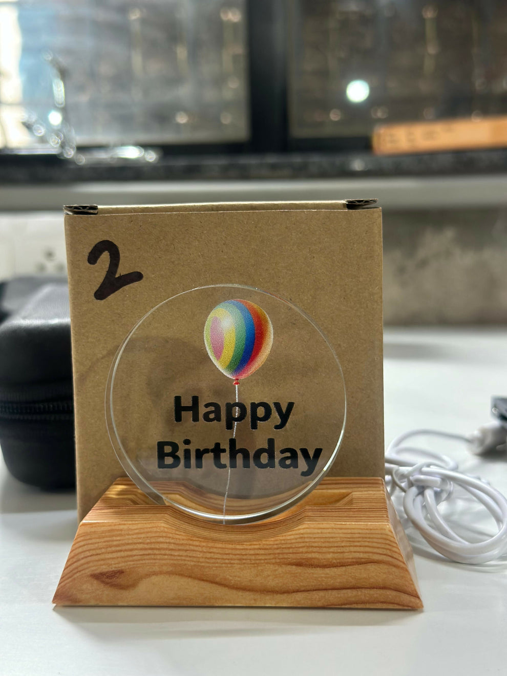 Happy Birthday Acrylic LED Plaque with Wooden Base Decorative Gift Lam