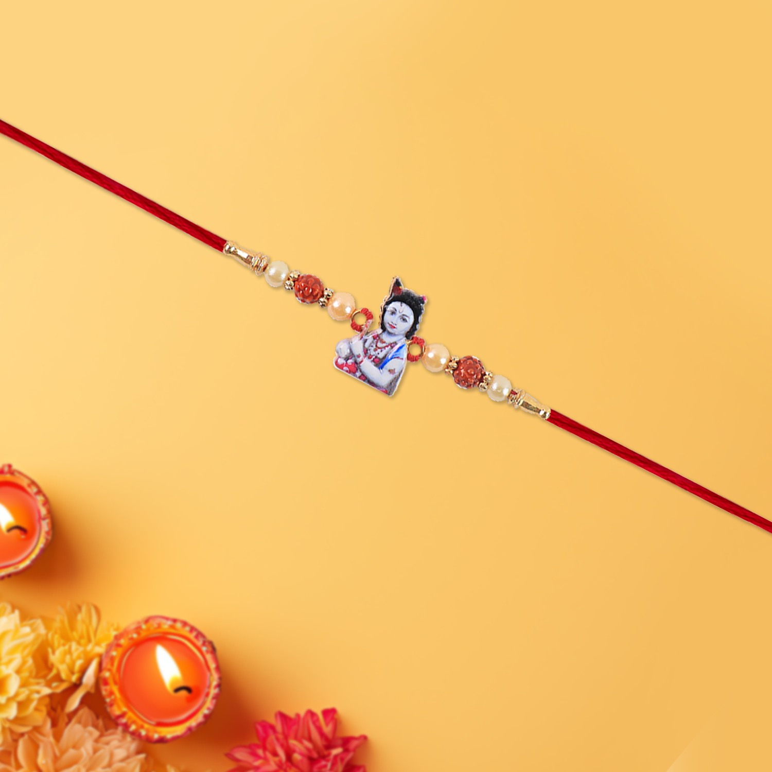 Trendy Krishna Rudraksha Rakhi with Pearls & Red Mauli