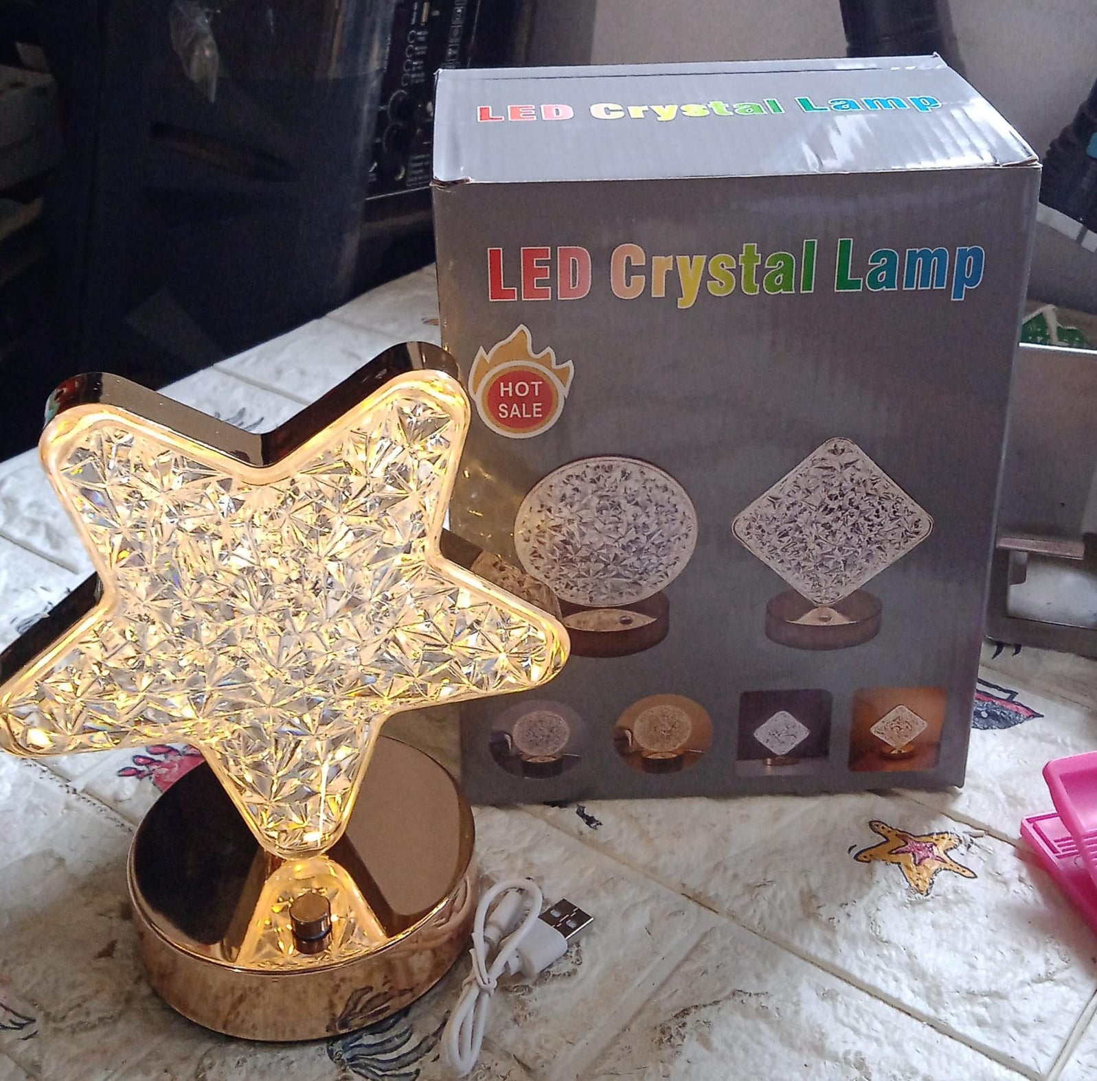 12571 Star Shape Crystal Diamond Lamp Cordless Luxury Lamp with USB Re ...