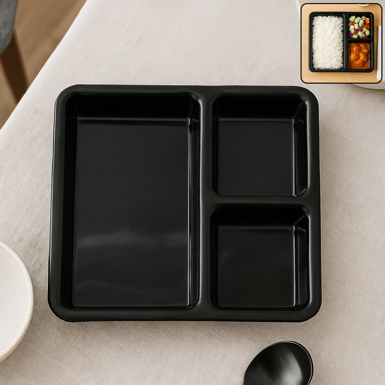 Plastic 3-Compartment Meal Serving Tray – Rectangular Dining Plate (1