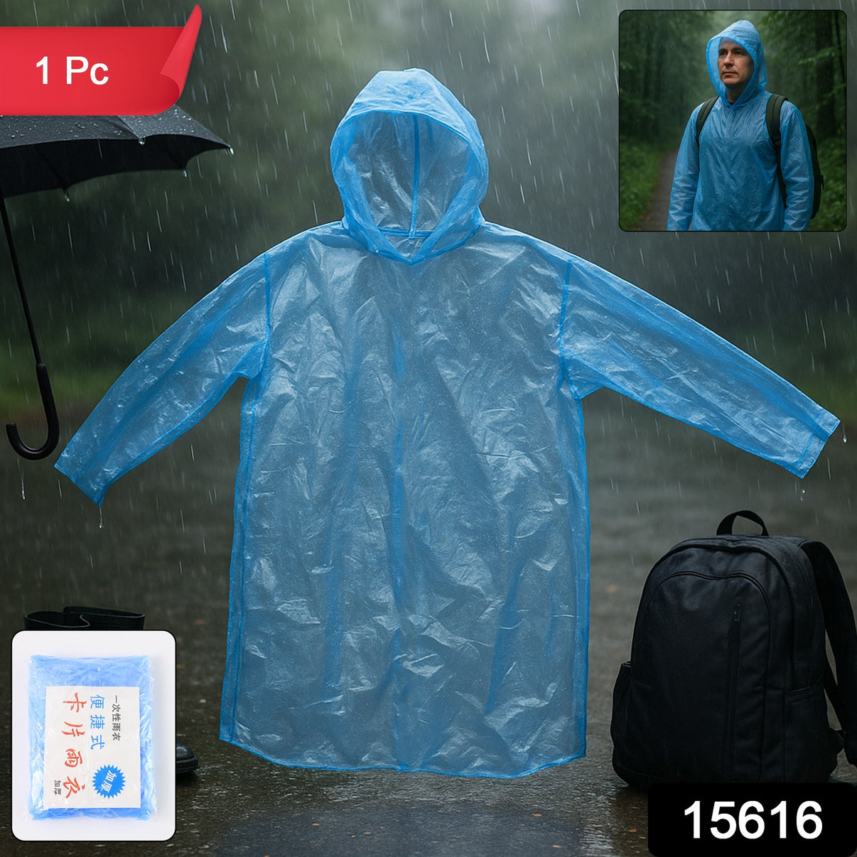 Ultra Lightweight Disposable Raincoat with Hood for Adults (1 Pc)