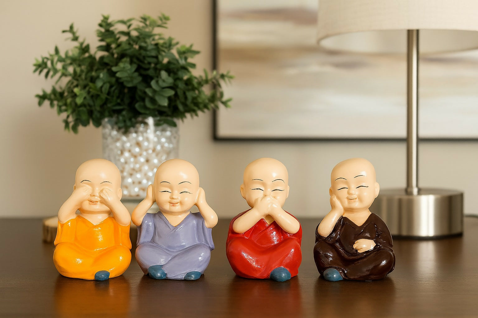 Set of 4 Colorful Baby Monk Resin Statues – See No Evil, Hear No Evil,