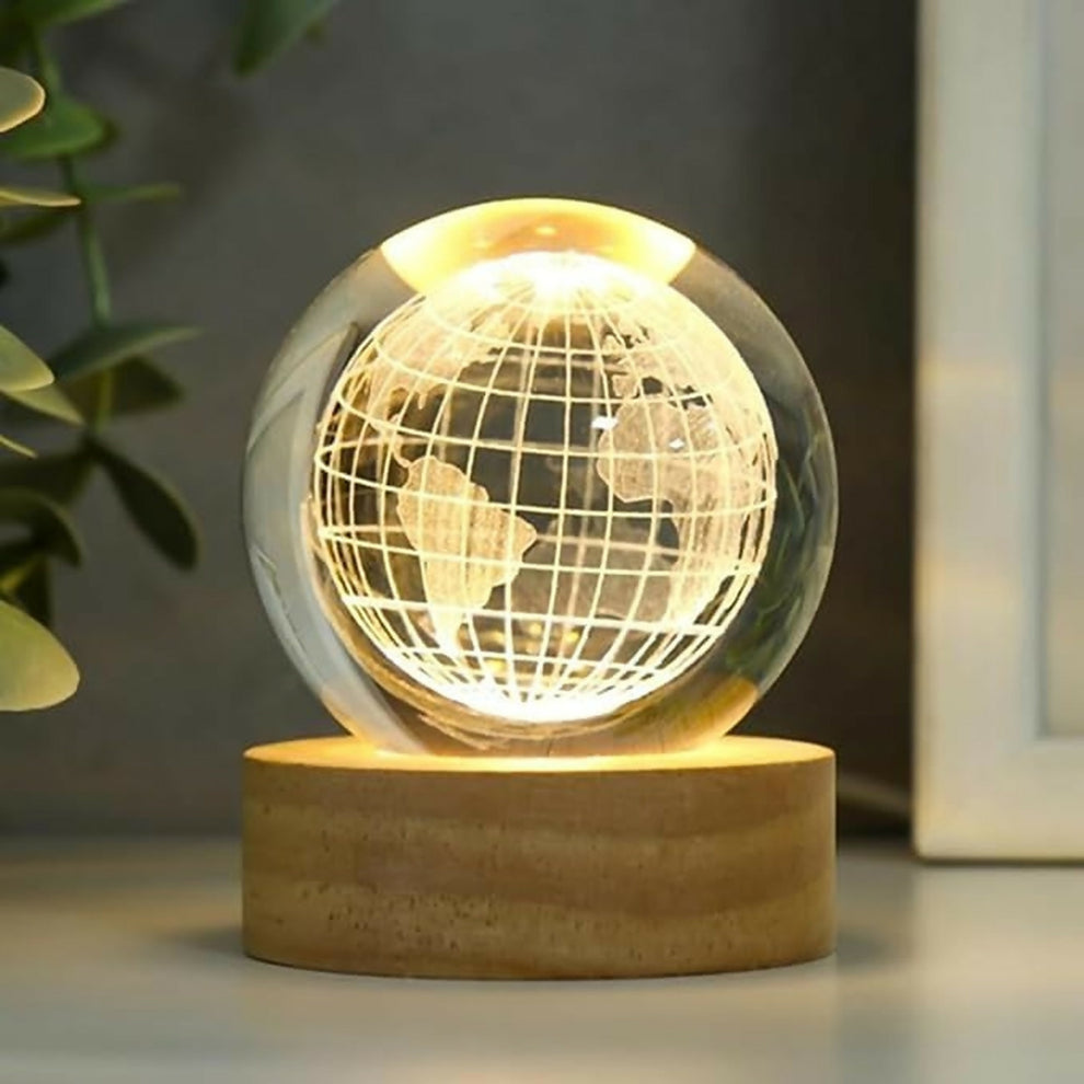 3D Crystal World Map Night Lamp with Wooden Base, USB Powered Decorati