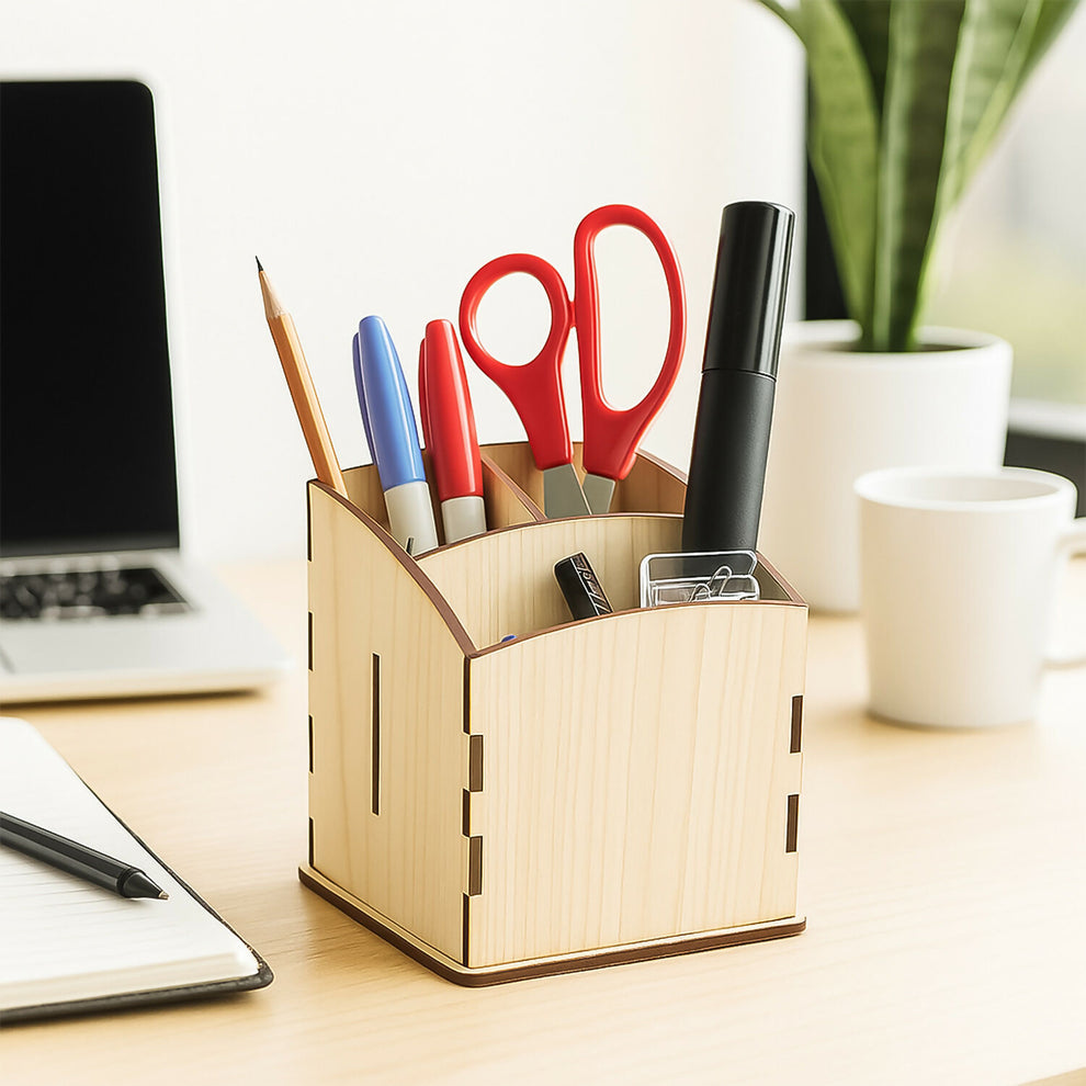 Khyati Wooden Pen Stand – Cube Shape Desk Organizer with Multi-Section