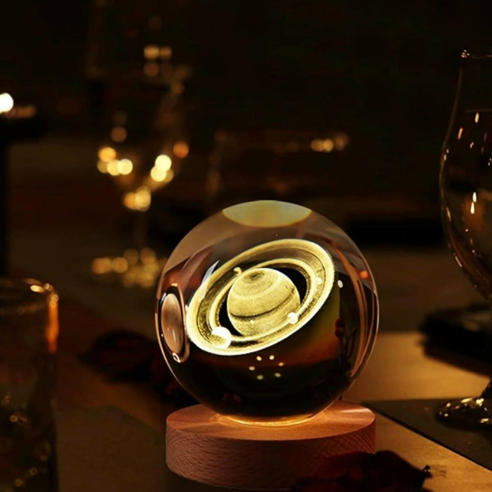 3D Saturn Crystal Ball Lamp with Wooden Base, LED Night Light for Home
