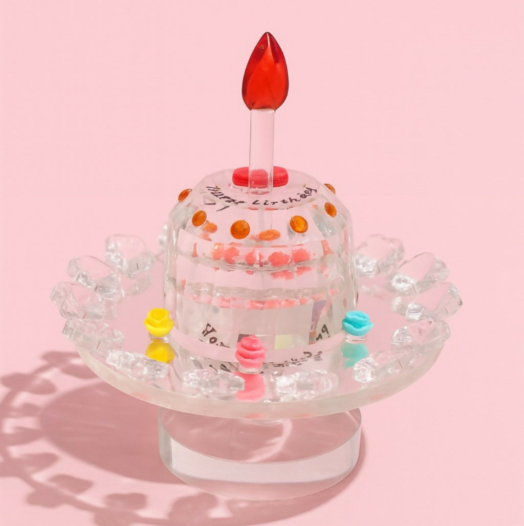Crystal Birthday Cake Showpiece with Red Flame, Colorful Embellishment