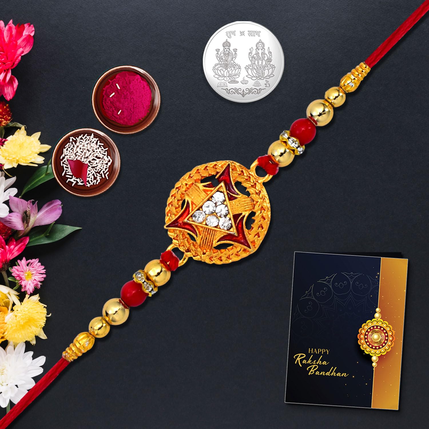 Premium Rakhi Gift Set with Designer Rakhi, Roli Chawal, Silver Coin