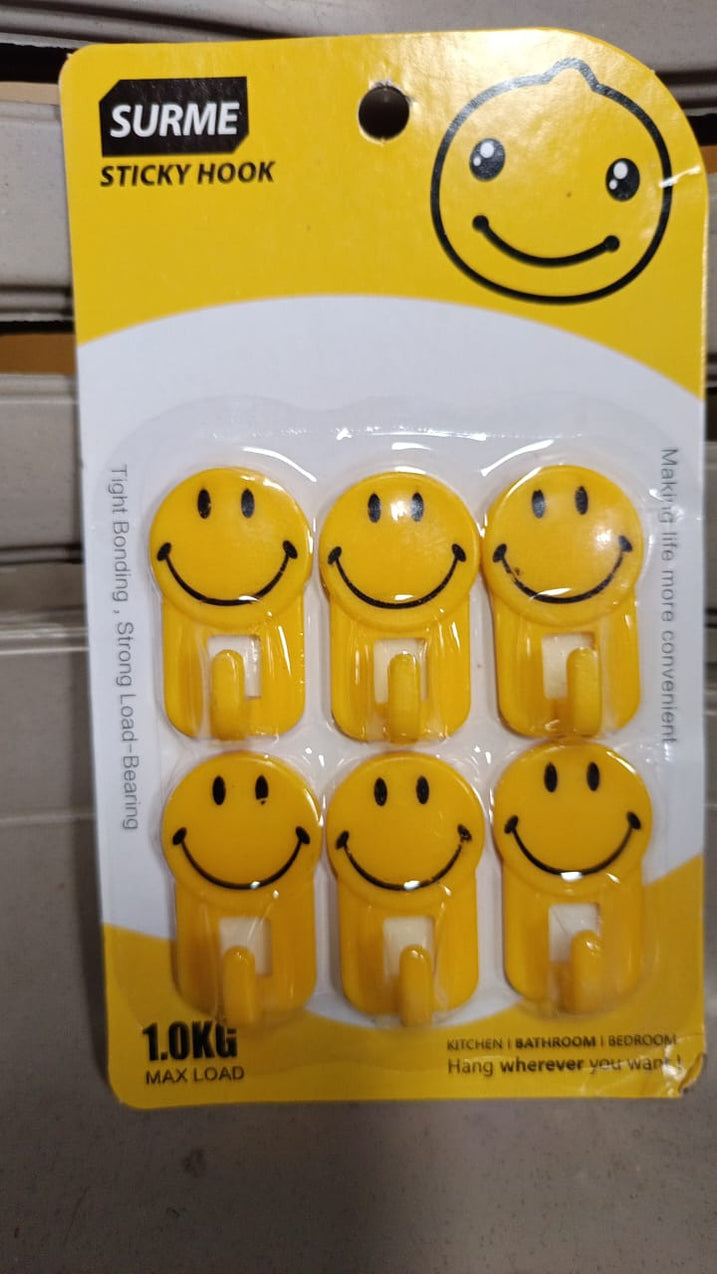 Plastic Self-Adhesive Smiley Face Hooks, 1 Kg Load Capacity (6pcs) — DeoDap