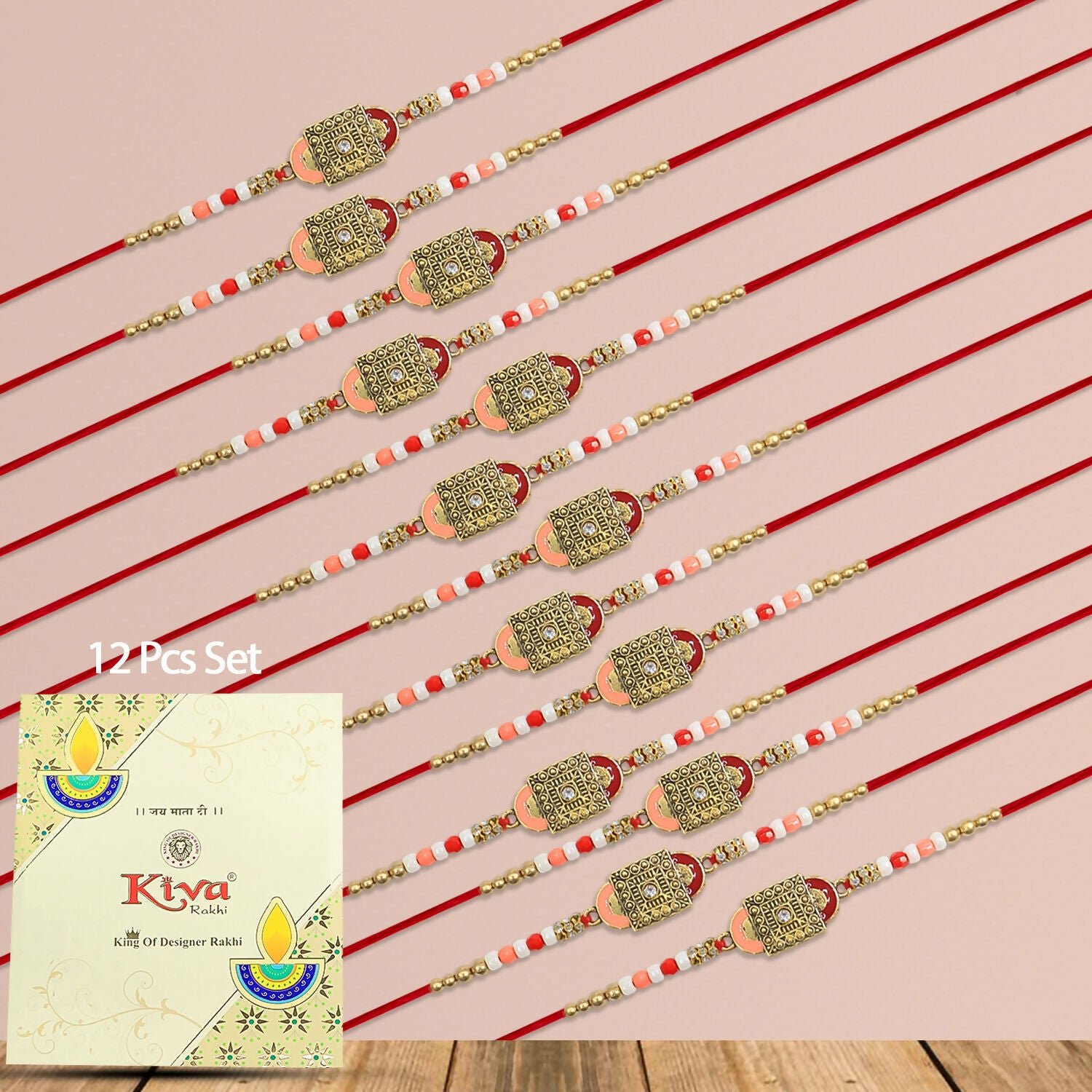 Set of 12 Antique Gold & Red Rectangular Designer Rakhis