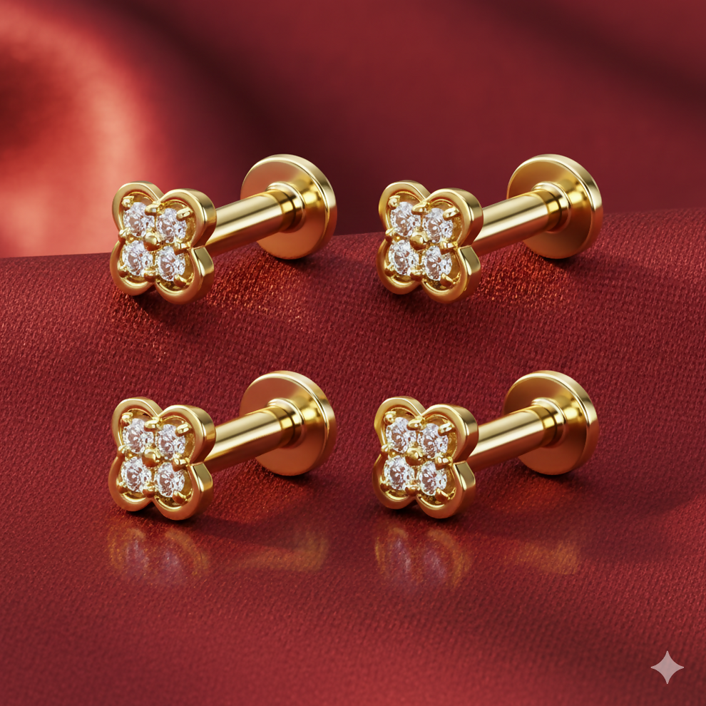 Gold plated AD Clover Flat Back Nosepin Stud Combo Pack of 4