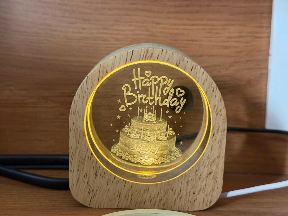 Wooden Birthday LED Night Lamp with Engraved Cake Design for Gifting