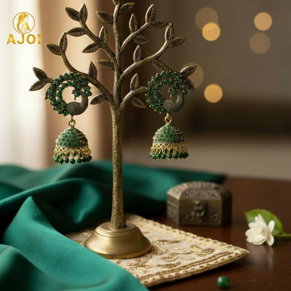 Traditional Peacock Design Green Stone Jhumka Earrings