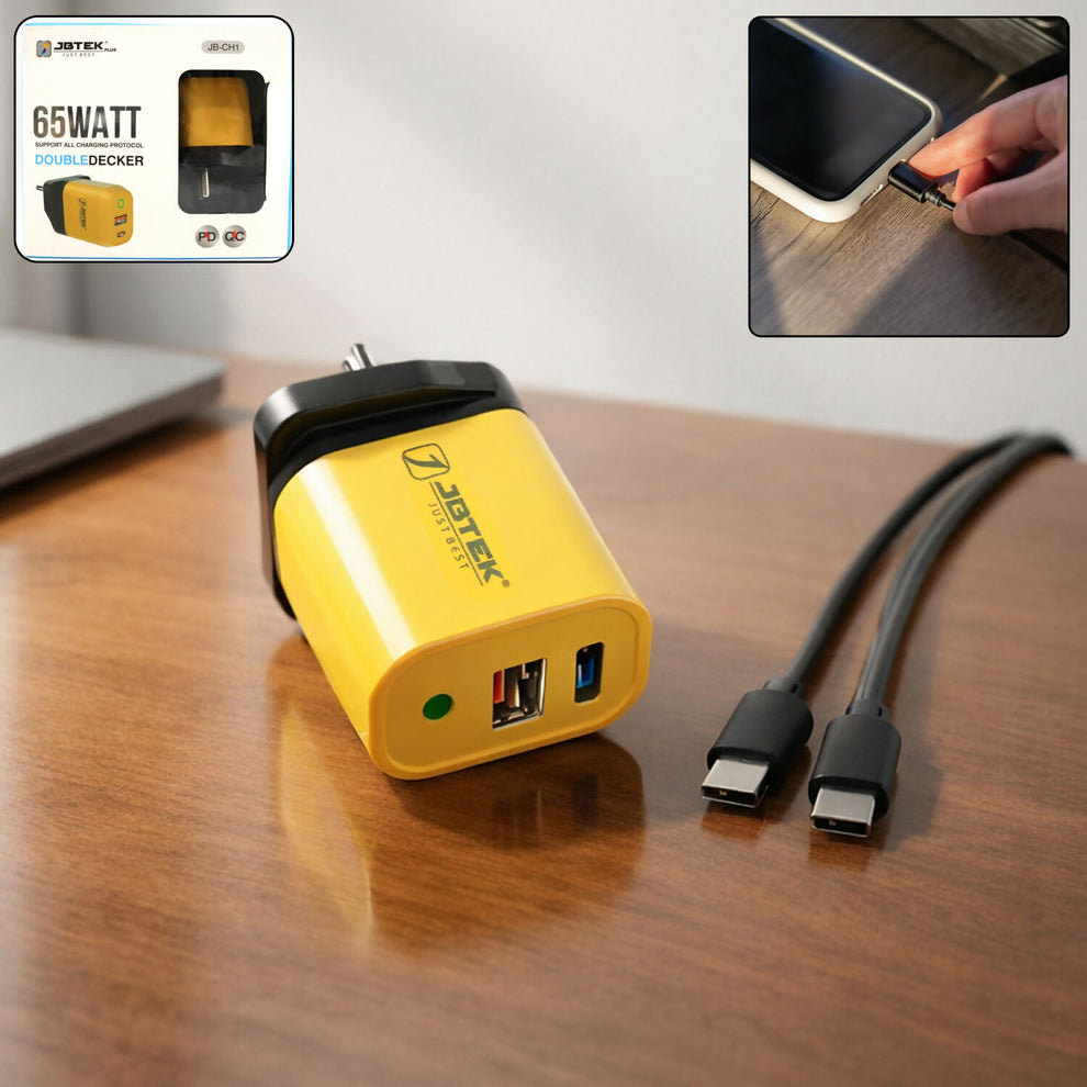 Fast 65W Charging Adapter with Dual Output Ports for Smartphones and D