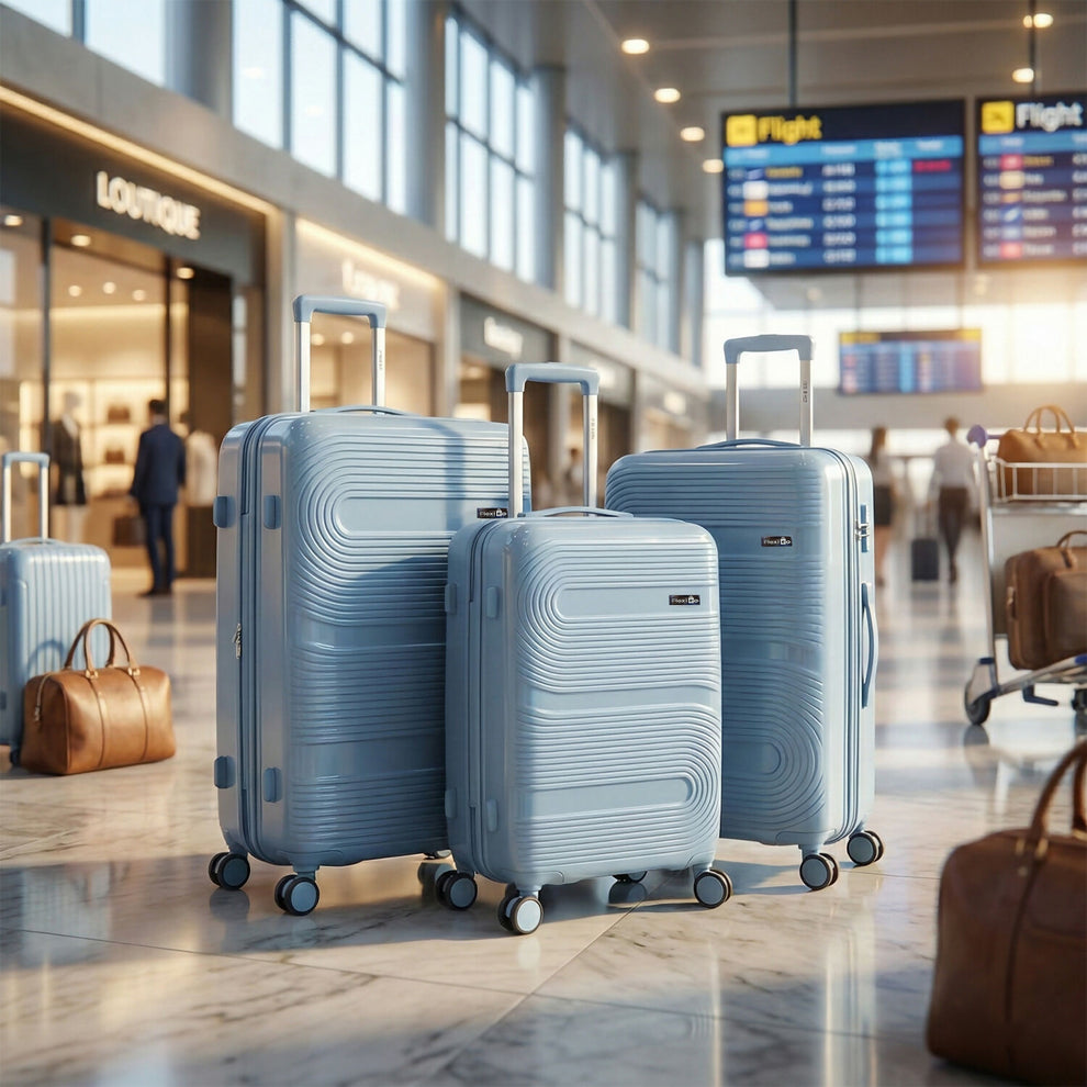 Grey Blue Hard Shell Cabin Trolley Suitcase with Telescopic Handle & 8