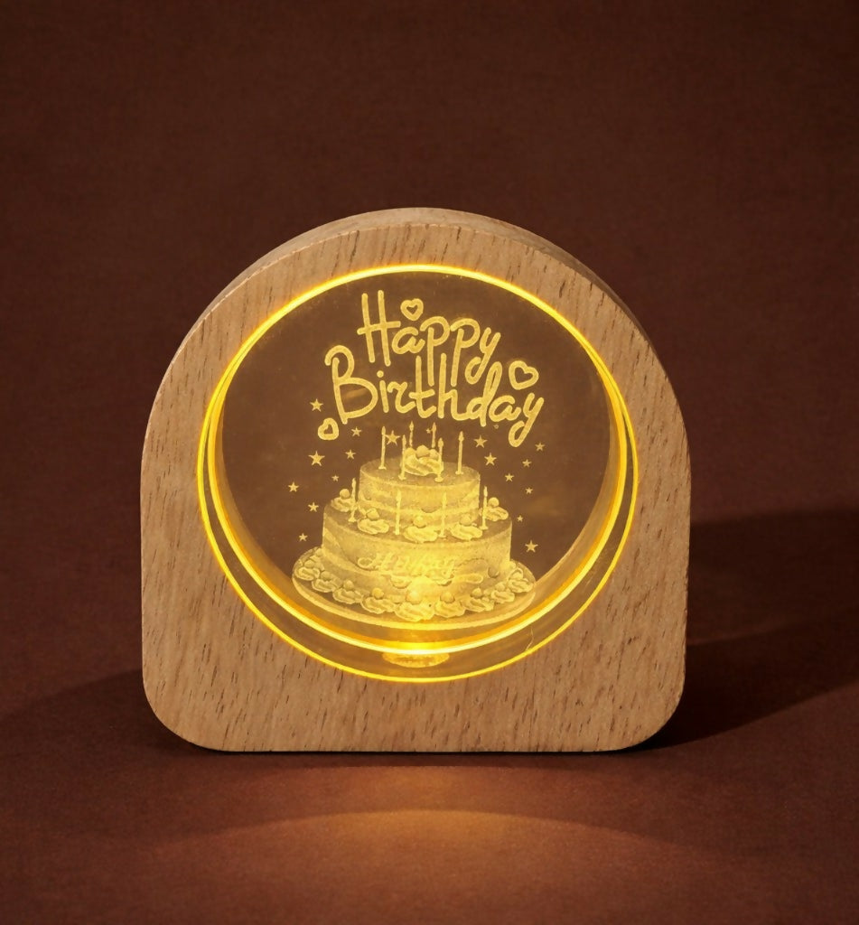 Wooden Birthday LED Night Lamp with Engraved Cake Design for Gifting