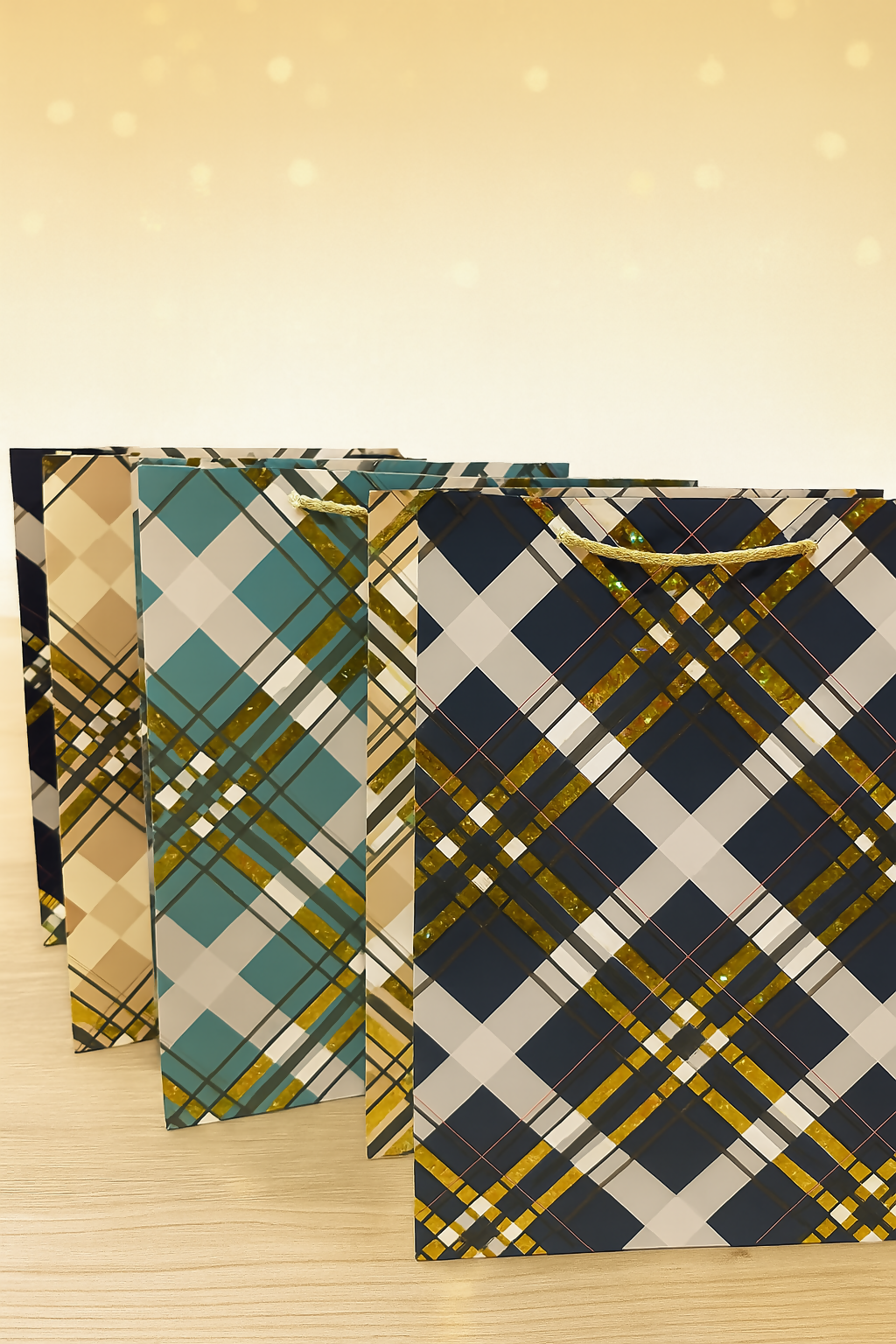 Luxury Plaid Pattern Gift Bag Set – Pack of 4 Reusable Premium Paper G