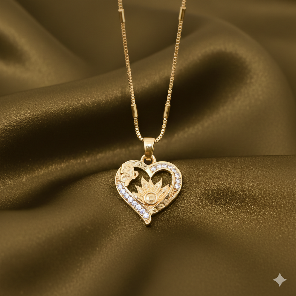 Gold Plated AD Heart Butterfly & Lotus Pendant Necklace For women and