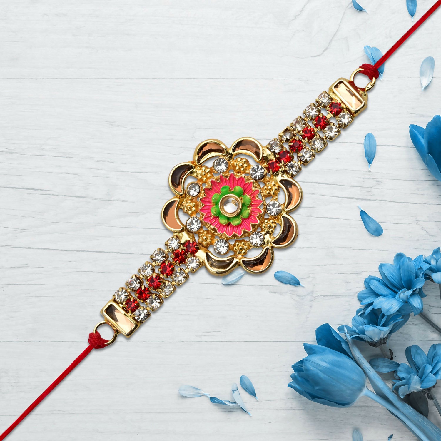 Diamond Rakhi – Stone Studded Floral Rakhi with Colorful Enamel