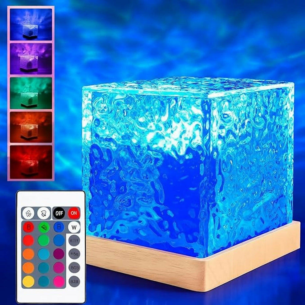 Crystal Ice Cube LED Night Lamp with Touch Control and Wooden Base