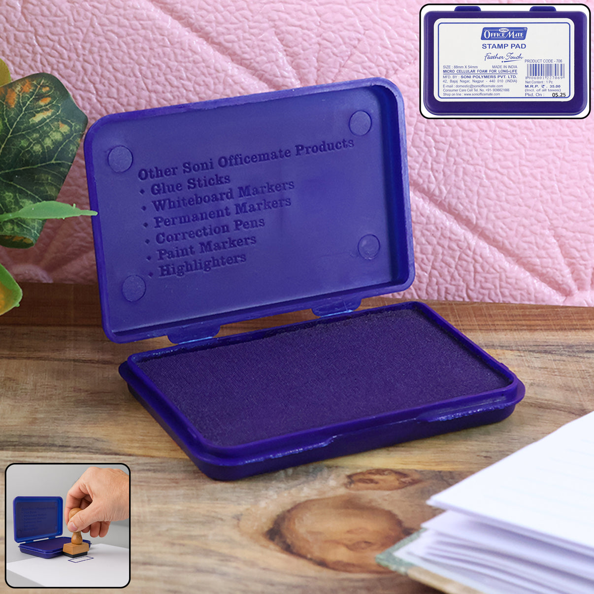 Officemate Small Stamp Pad Feather Touch Violet Ink Long-Life Micro Ce