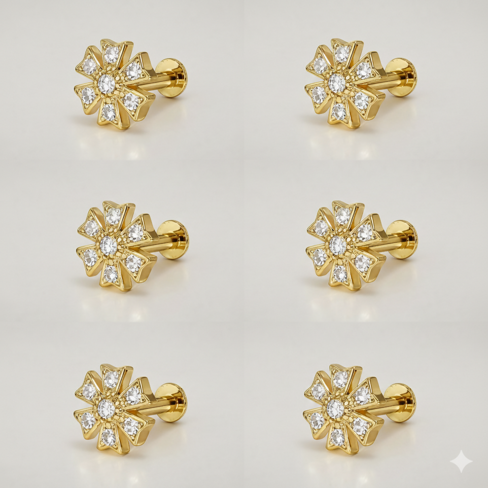 Gold Plated Floral Crystal Flat Back AD Nosepin Stud Combo Pack of 6