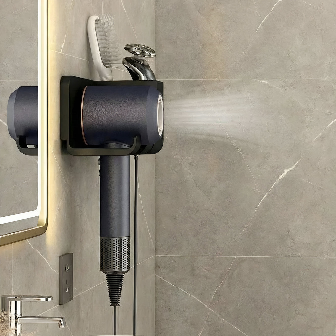 Wall Mounted Hair Dryer Holder with Multipurpose Organizer Shelf and H