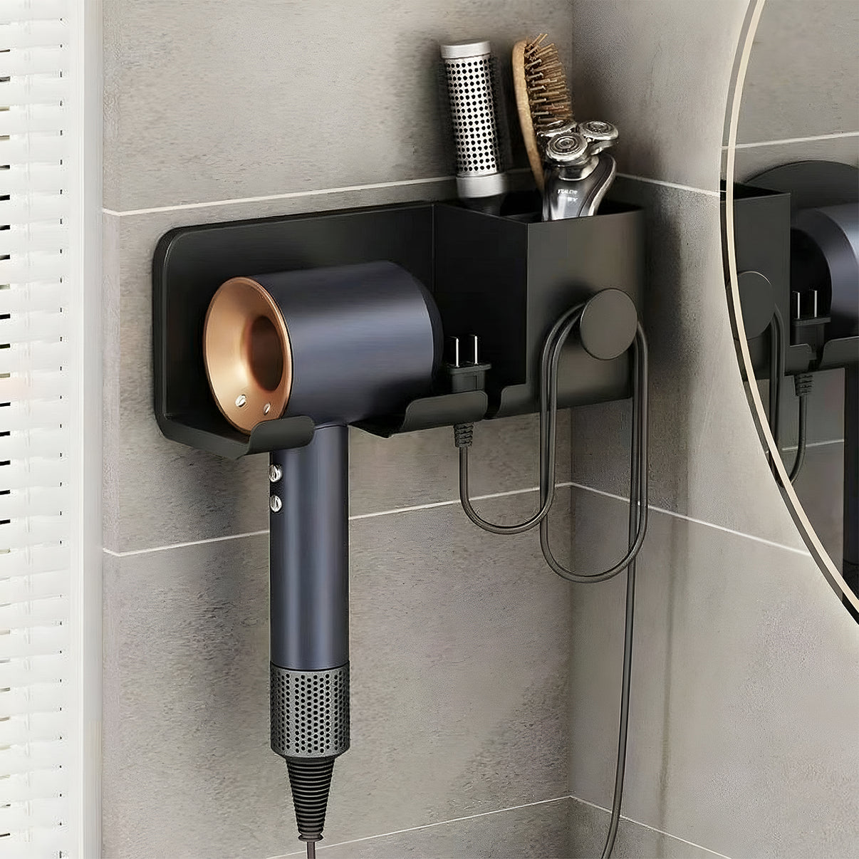 Wall Mounted Hair Dryer Holder with Multipurpose Organizer Shelf and H