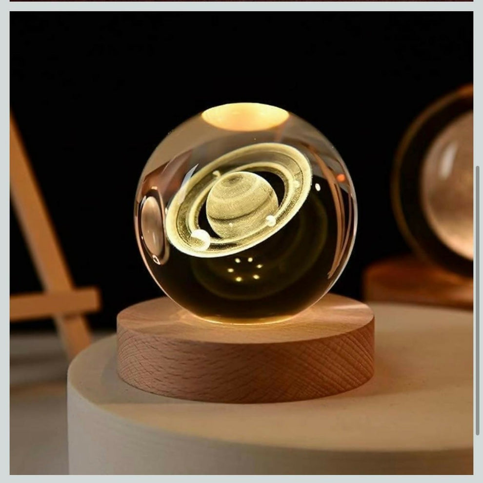 3D Saturn Crystal Ball Lamp with Wooden Base, LED Night Light for Home