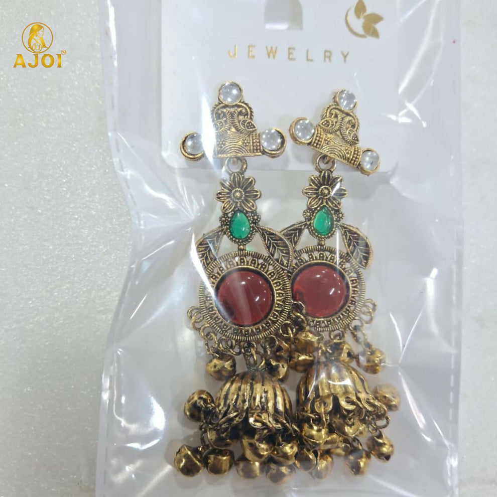 Cultural Heritage Long Jhumka Earrings with Red & Green Highlights