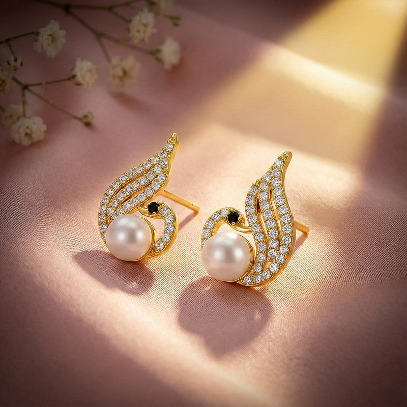 Pearl Swan Stud Earrings with Crystal Wings and Gold Finish for Women