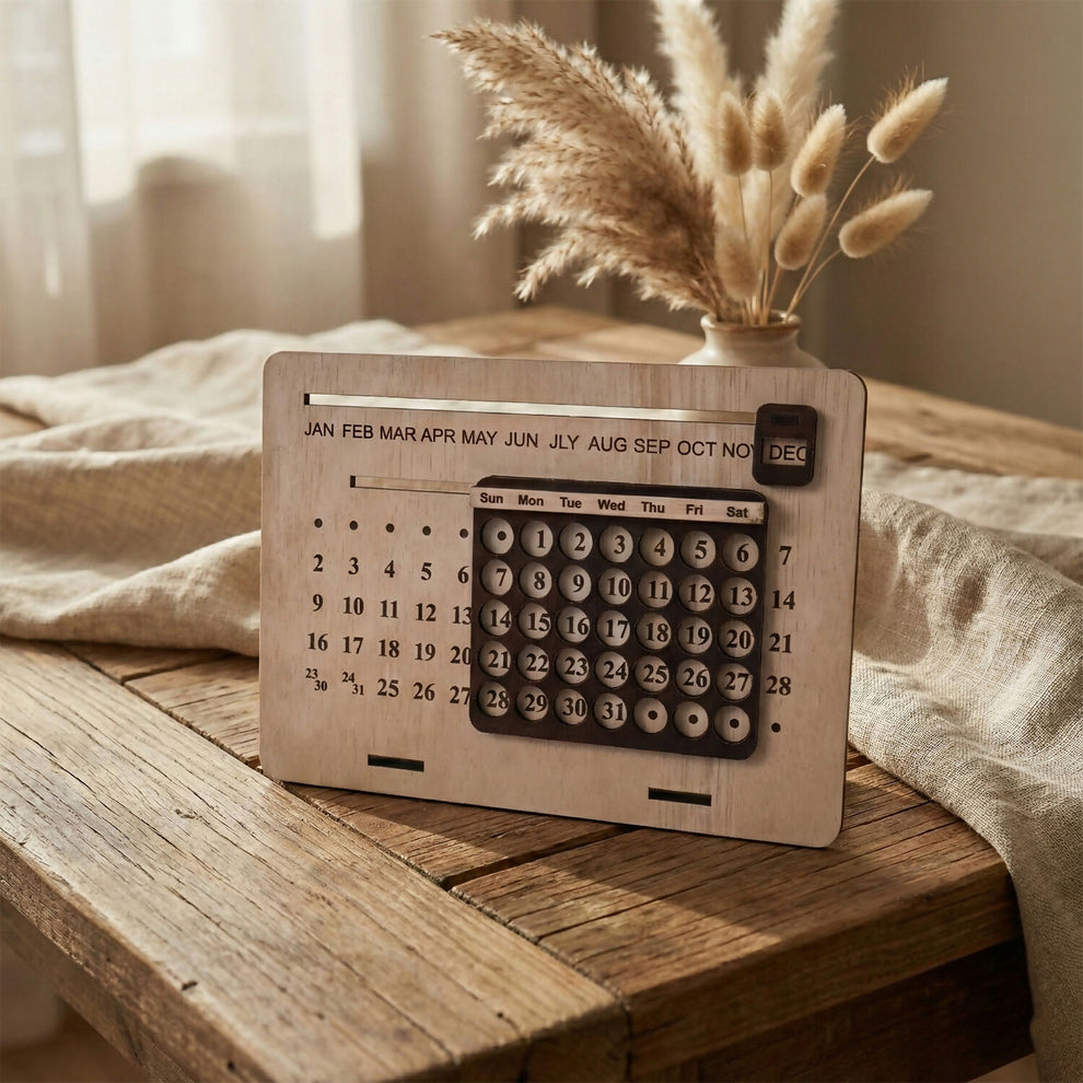 Wooden Perpetual Desk Calendar with Sliding Month Marker & Date Displa