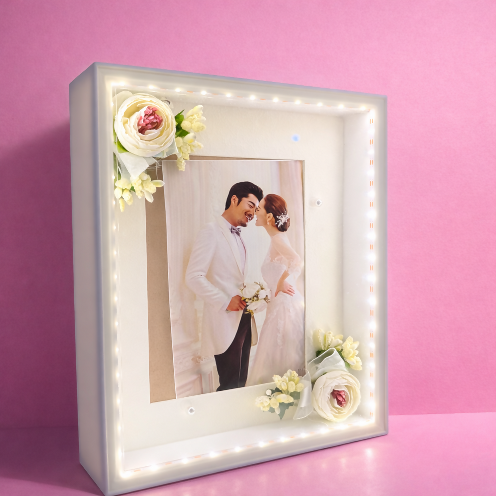 Large LED Photo Frame with Floral Decor Lighted Tabletop Memory Frame