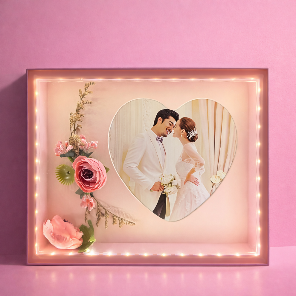Large LED Photo Frame with Floral Decor Lighted Tabletop Memory Frame