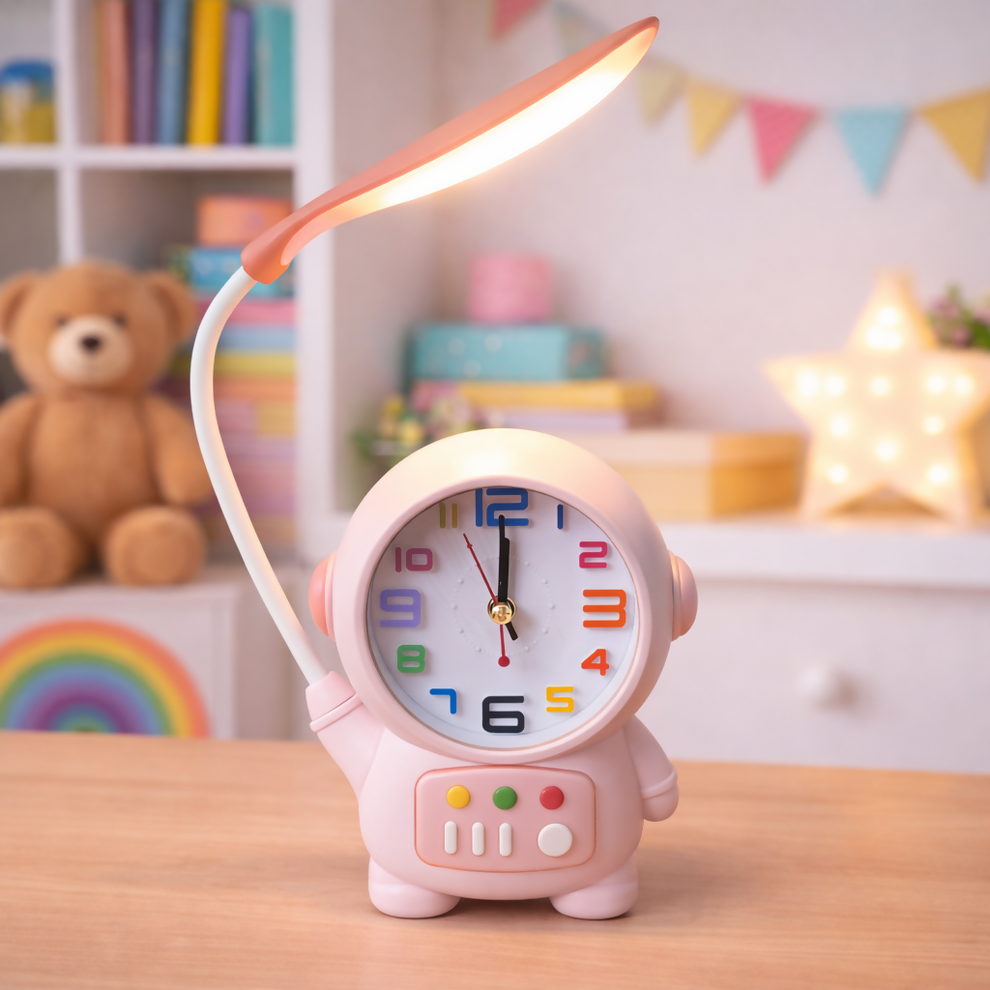Pink Astronaut Desk Lamp with Alarm Clock for Kids Study Table Bedroom