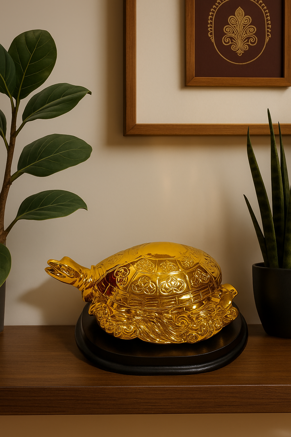 Luxury Golden Feng Shui Turtle Idol on Decorative Base –Wealth & Good