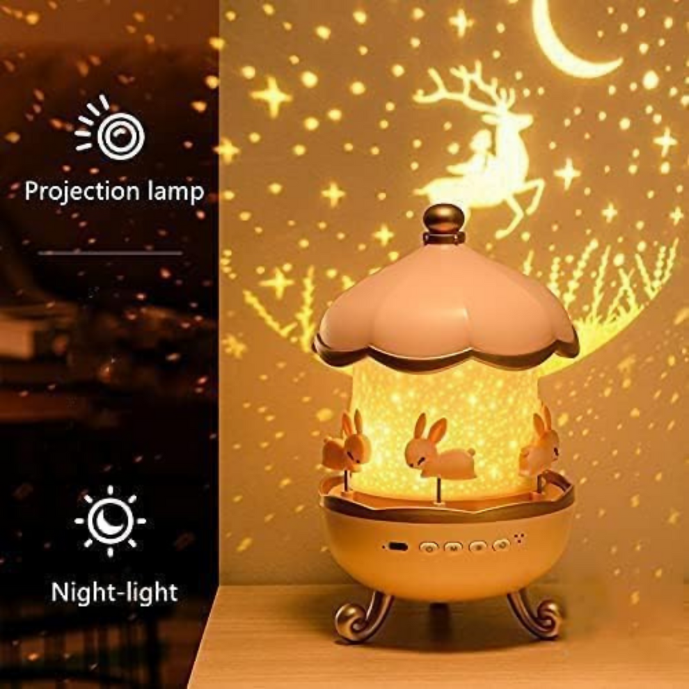 Rotating Bunny Projection Lamp with 360° Star Light Effect & Type-C Re
