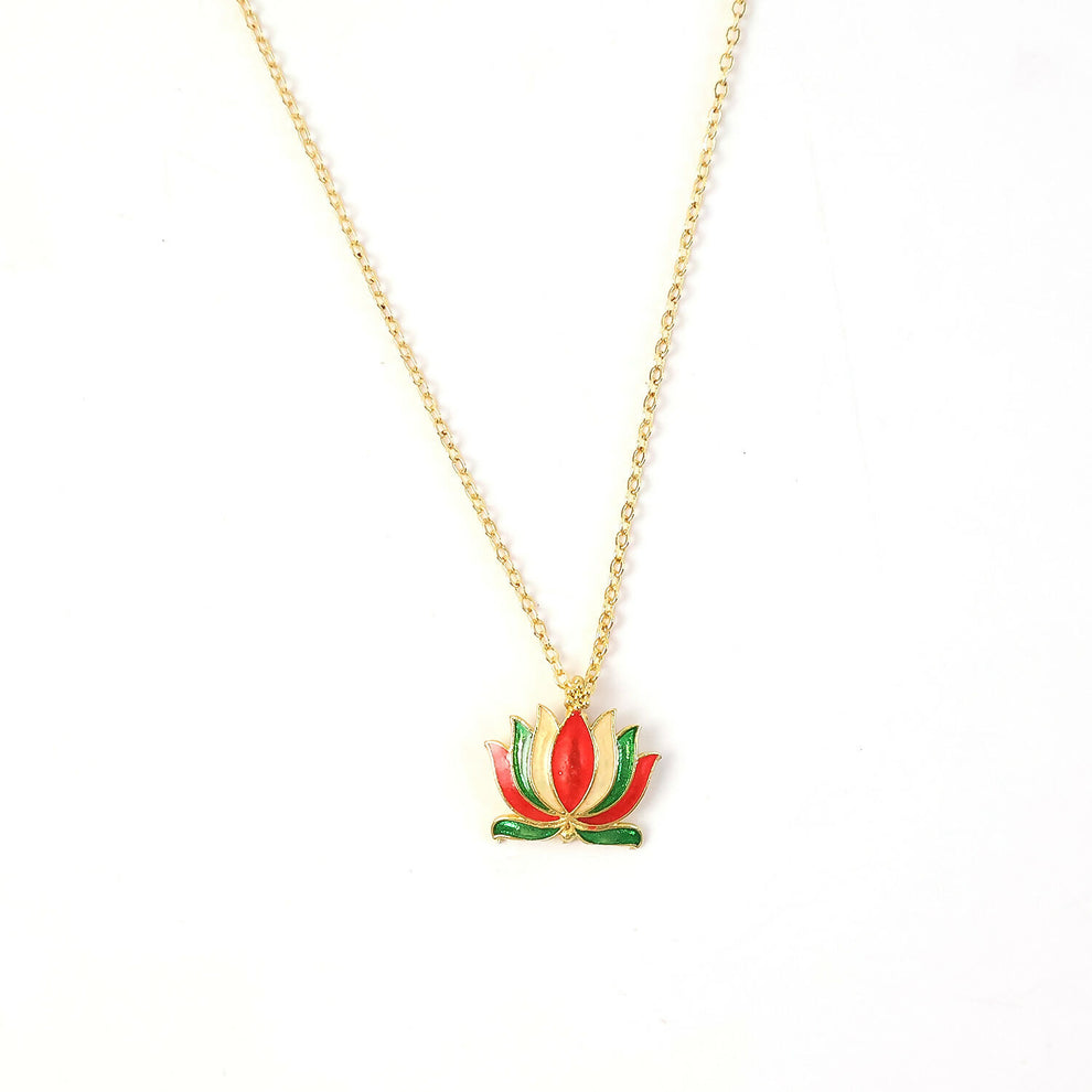 Traditional Lotus Flower Design Pendant Necklace with Chain for Women