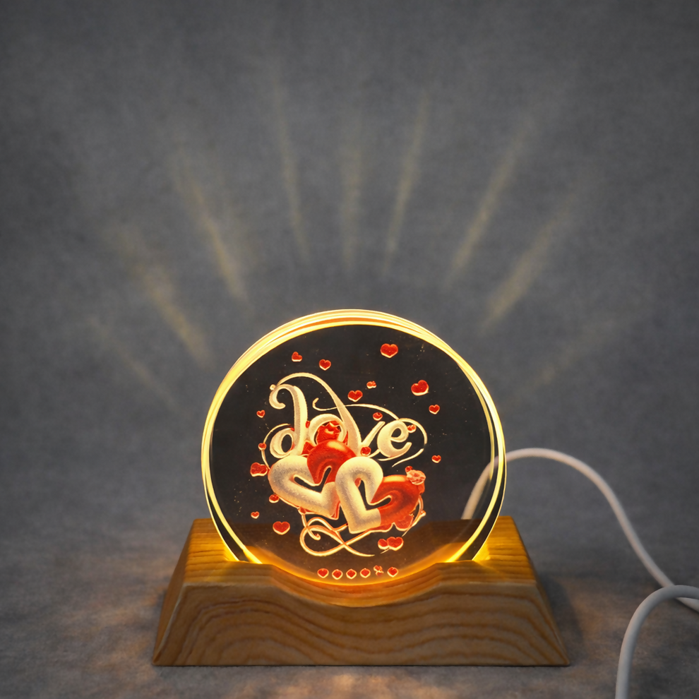 Love Double Heart Acrylic LED Lamp with Wooden Base Romantic Gift Ligh