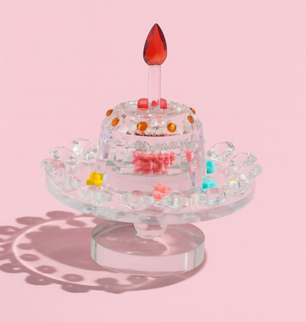 Crystal Birthday Cake Showpiece with Red Flame, Colorful Embellishment