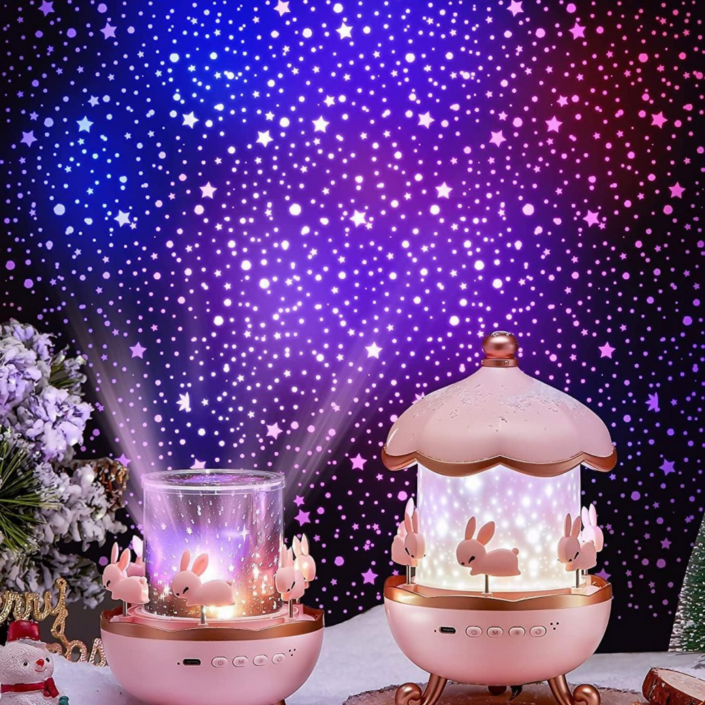 Rotating Bunny Projection Lamp with 360° Star Light Effect & Type-C Re