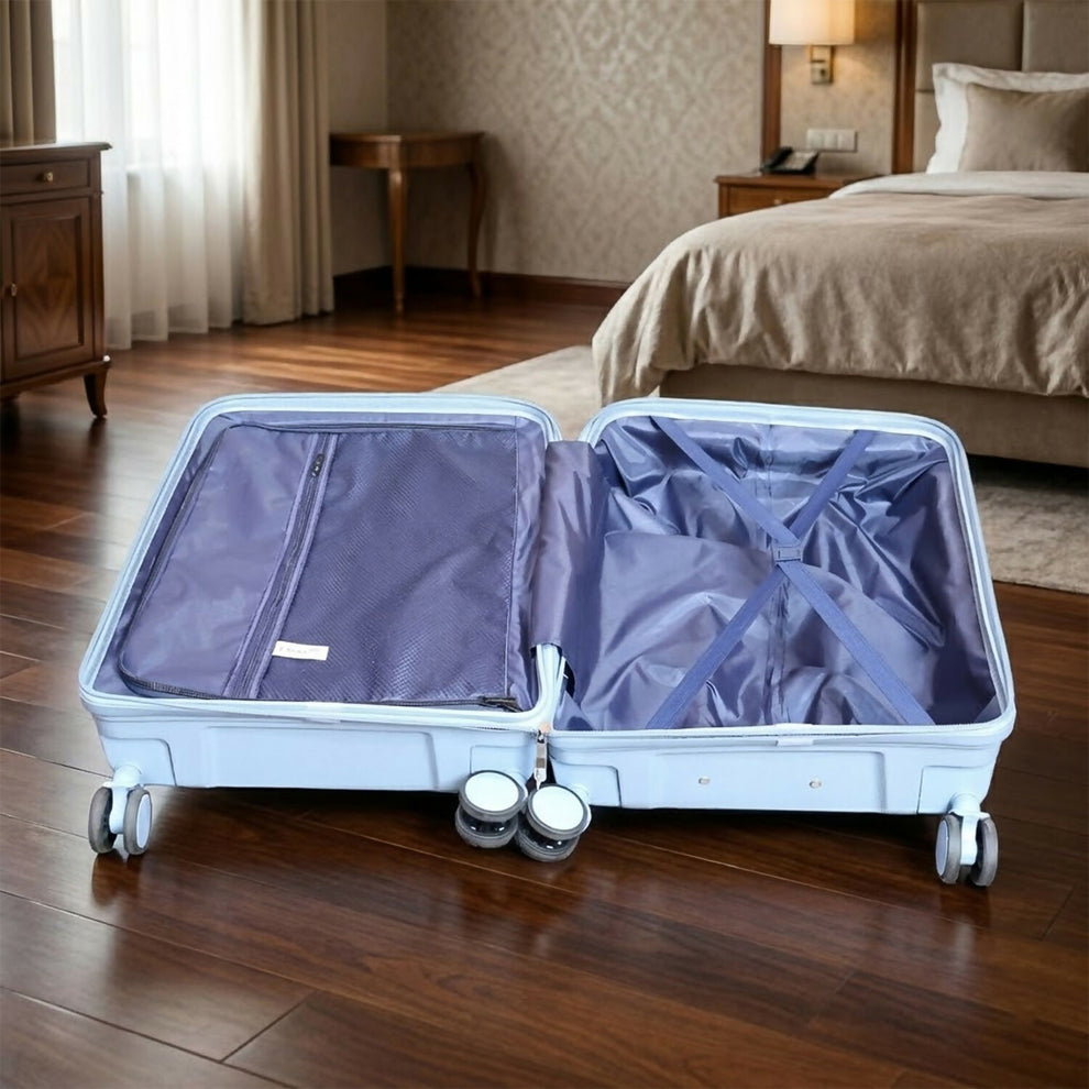 Grey Blue Hard Shell Cabin Trolley Suitcase with Telescopic Handle & 8