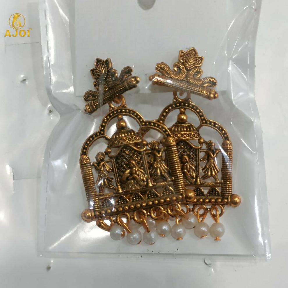 Royal Doli Motif Gold-Tone Temple Earrings with Pearl Danglers