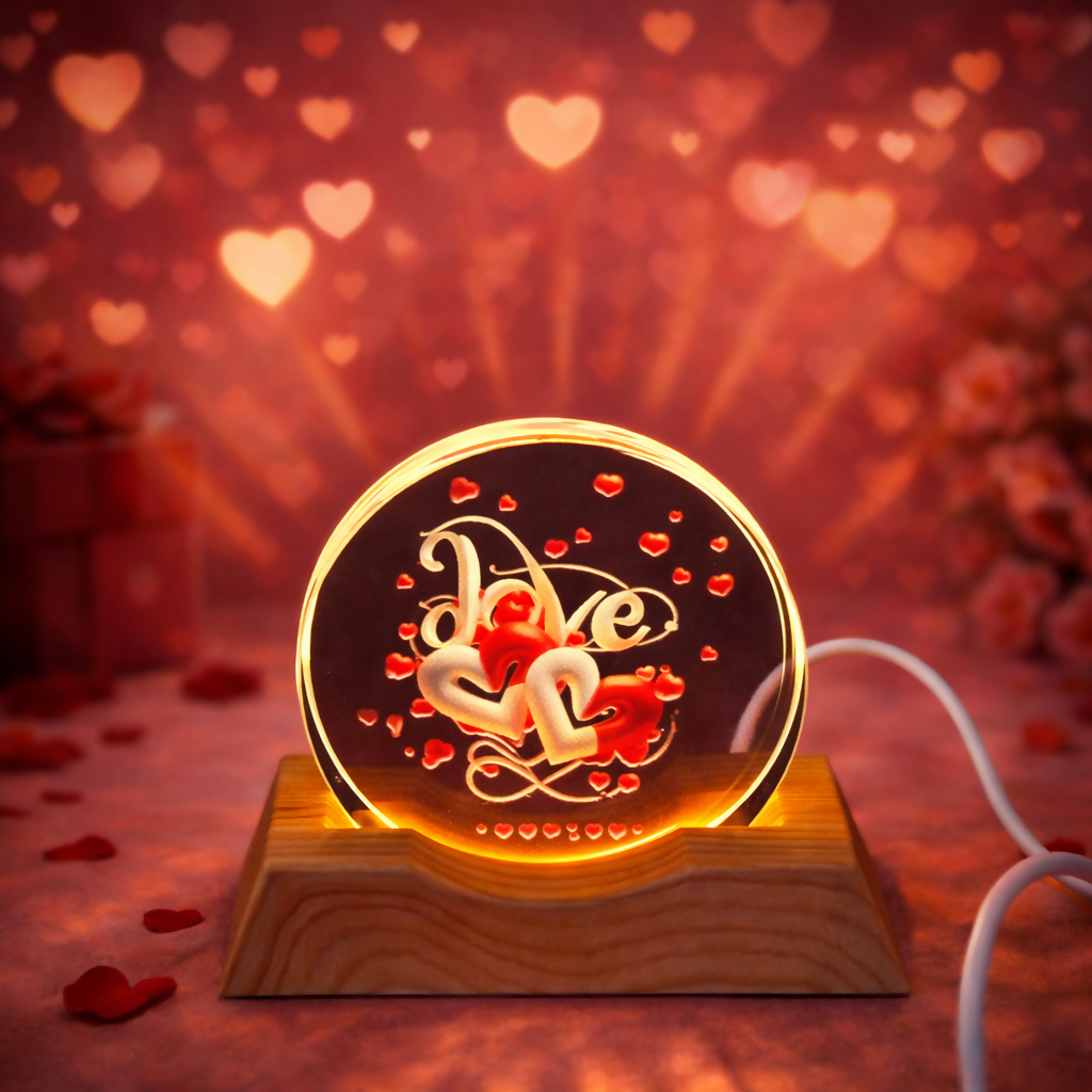 Love Double Heart Acrylic LED Lamp with Wooden Base Romantic Gift Ligh