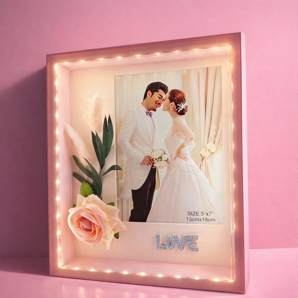 Large LED Photo Frame with Floral Decor Lighted Tabletop Memory Frame