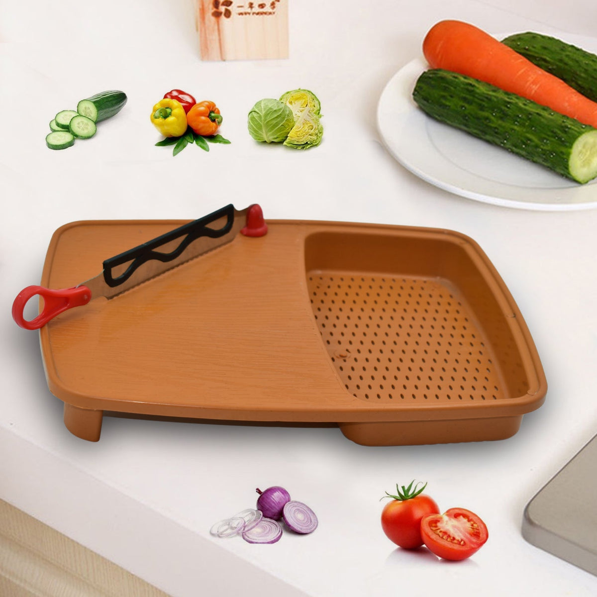 Thick Plastic Kitchen Chopping Cutting Slicing Tray with Holder DeoDap